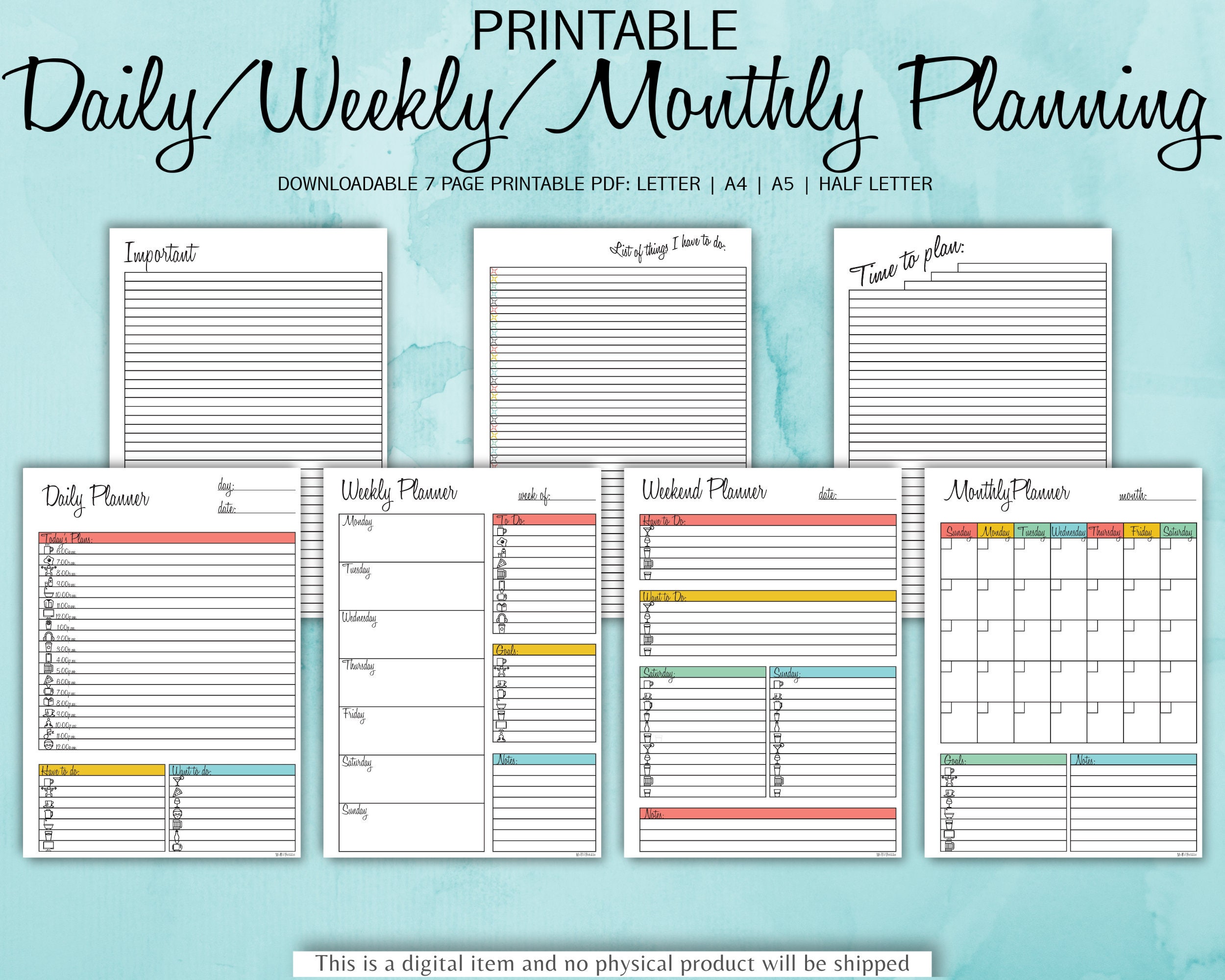Daily Weekly Weekend Monthly Planner Bundle Printable A4 | Etsy