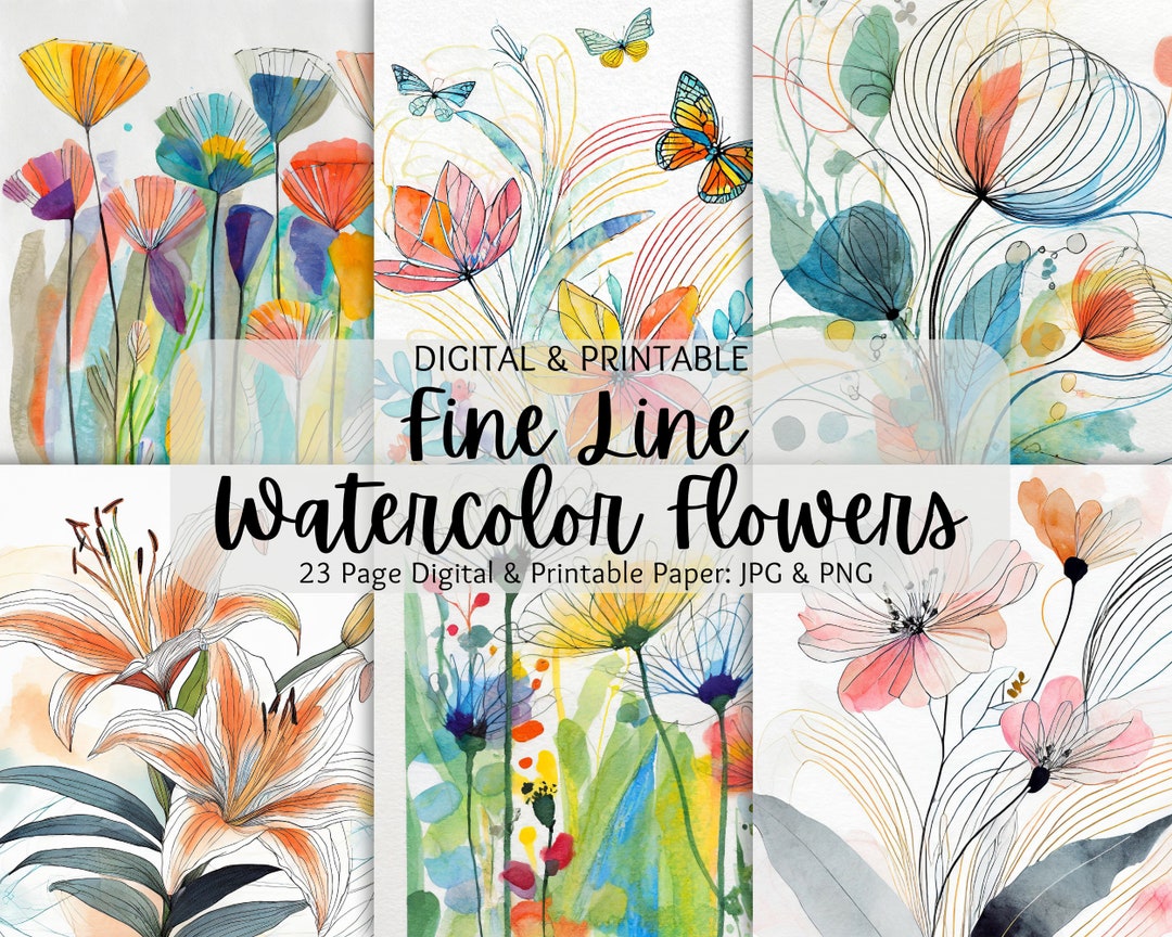 Fine Line Watercolor Flowers Digital Paper Pack | Commercial Use ...