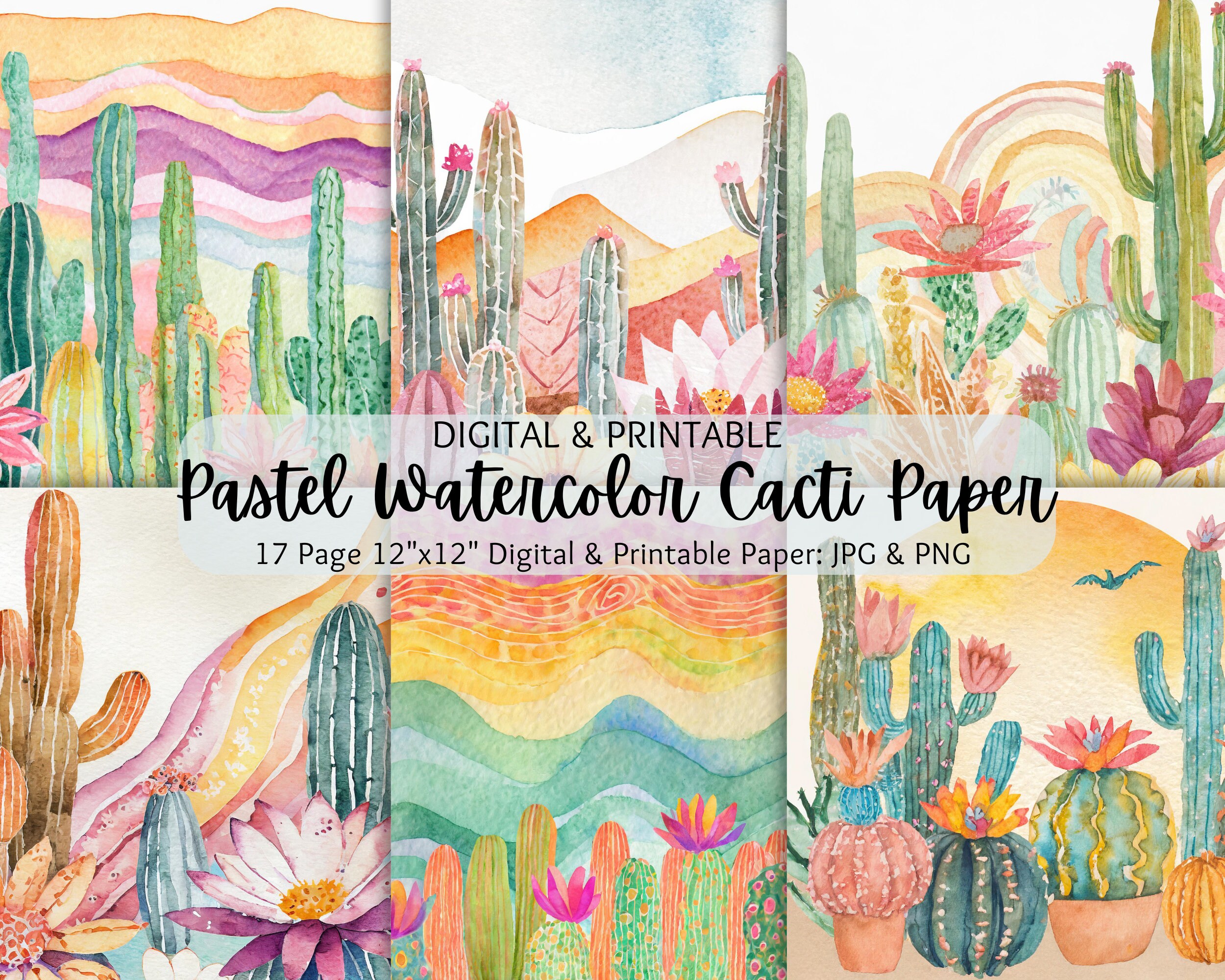 Pastel Watercolor Cacti Digital Paper Pack | Watercolor Cactus ...