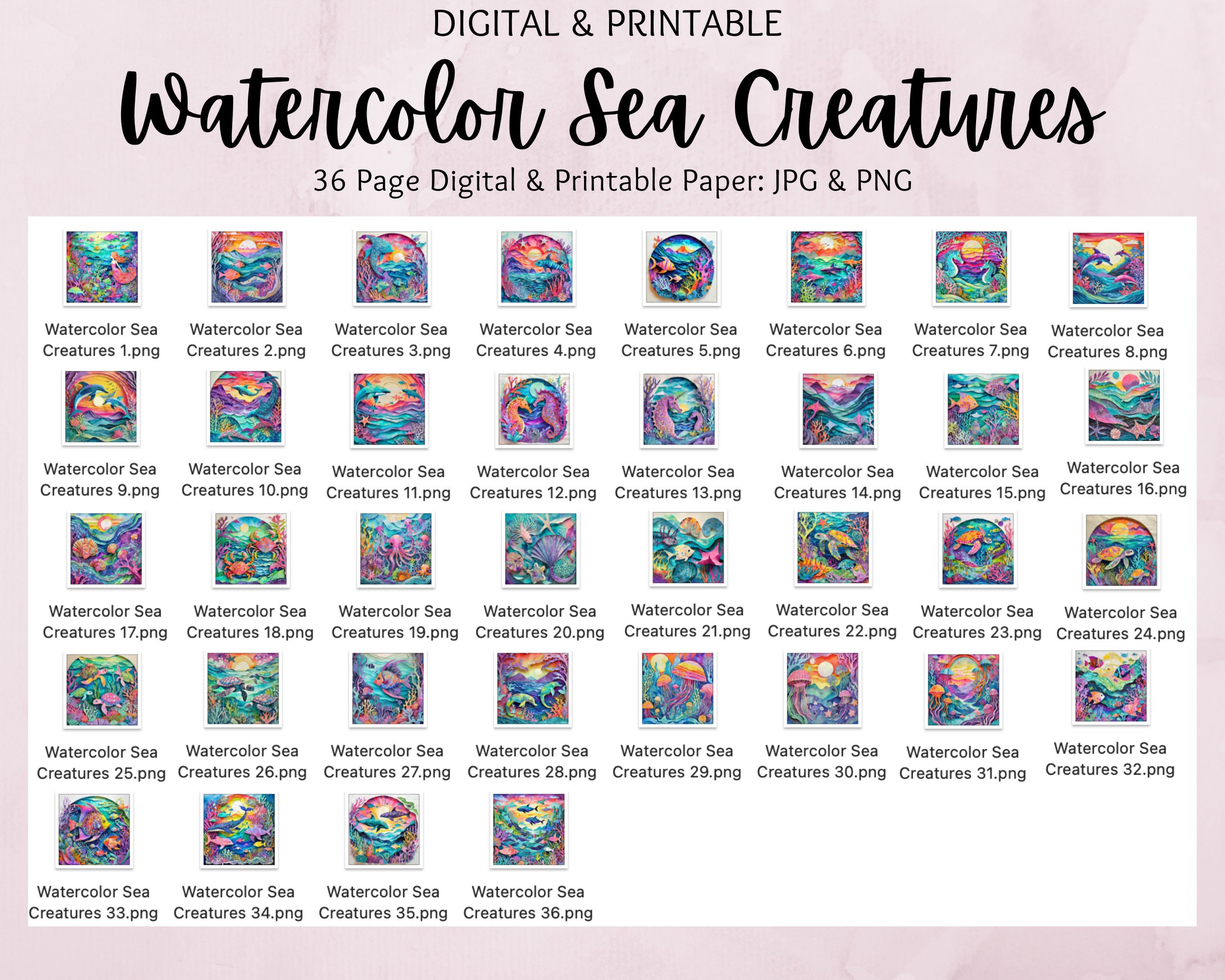 Watercolor Sea Creatures Paper | Ocean Digital Paper Pack | Commercial ...