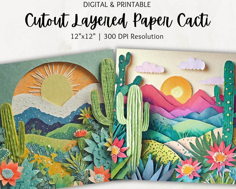 Cacti Cutout Layered Paper | Digital Paper Pack | Cactus Backgrounds ...