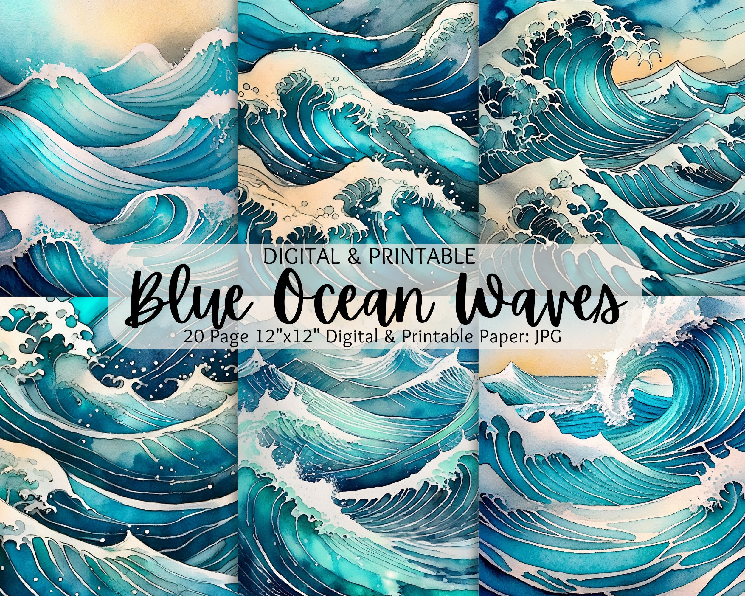 Watercolor Blue Ocean Waves Digital Paper | Watercolor Texture ...
