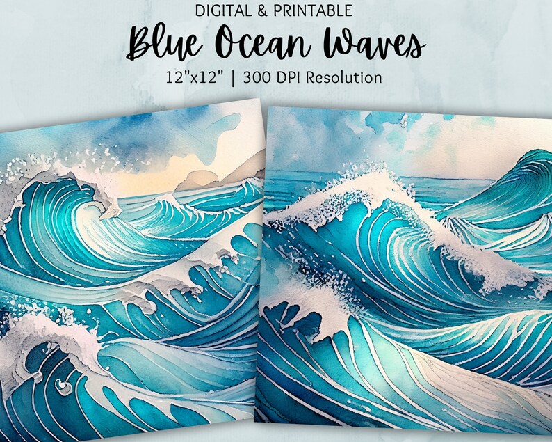 Watercolor Blue Ocean Waves Digital Paper | Watercolor Texture ...