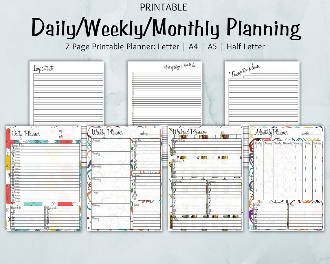 Daily, Weekly, Weekend, Monthly Planner Bundle Printable A4, A5, Letter ...