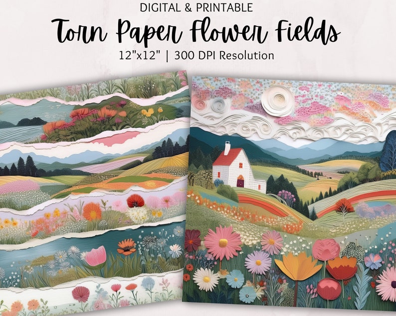 Torn Paper Flower Fields | Deckle Paper Flower | Floral Background ...
