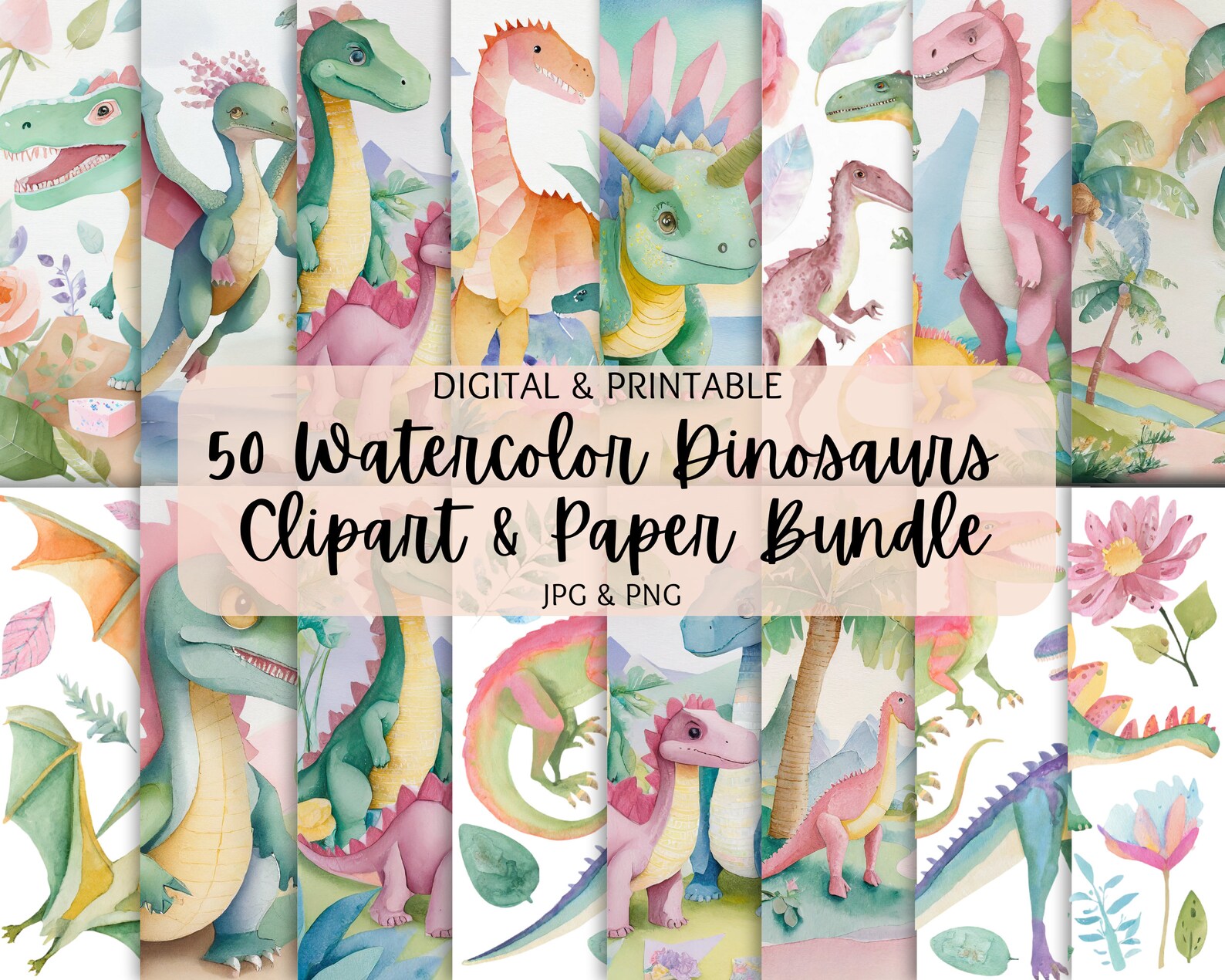 Watercolor Dinosaur Clipart Bundle | Watercolor Dinosaurs Digital Paper ...