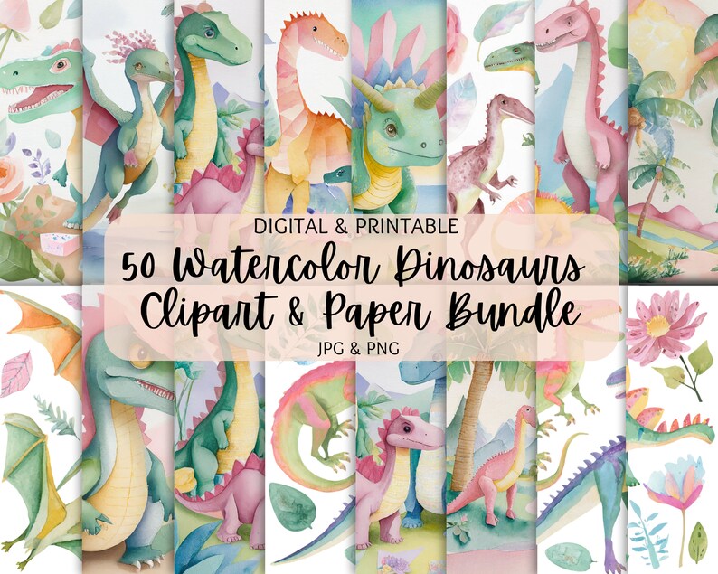 Watercolor Dinosaur Clipart Bundle | Watercolor Dinosaurs Digital Paper ...