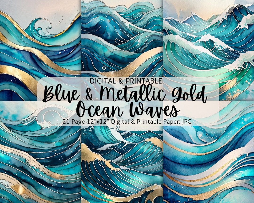 Ocean Waves Digital Paper | Blue & Gold Metallic Watercolor Ocean Waves ...