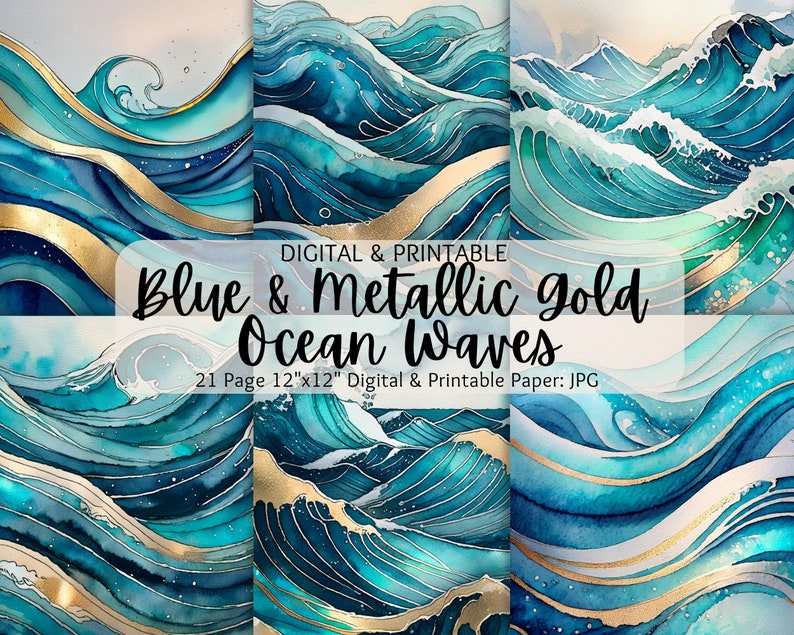 Ocean Waves Digital Paper | Blue & Gold Metallic Watercolor Ocean Waves ...