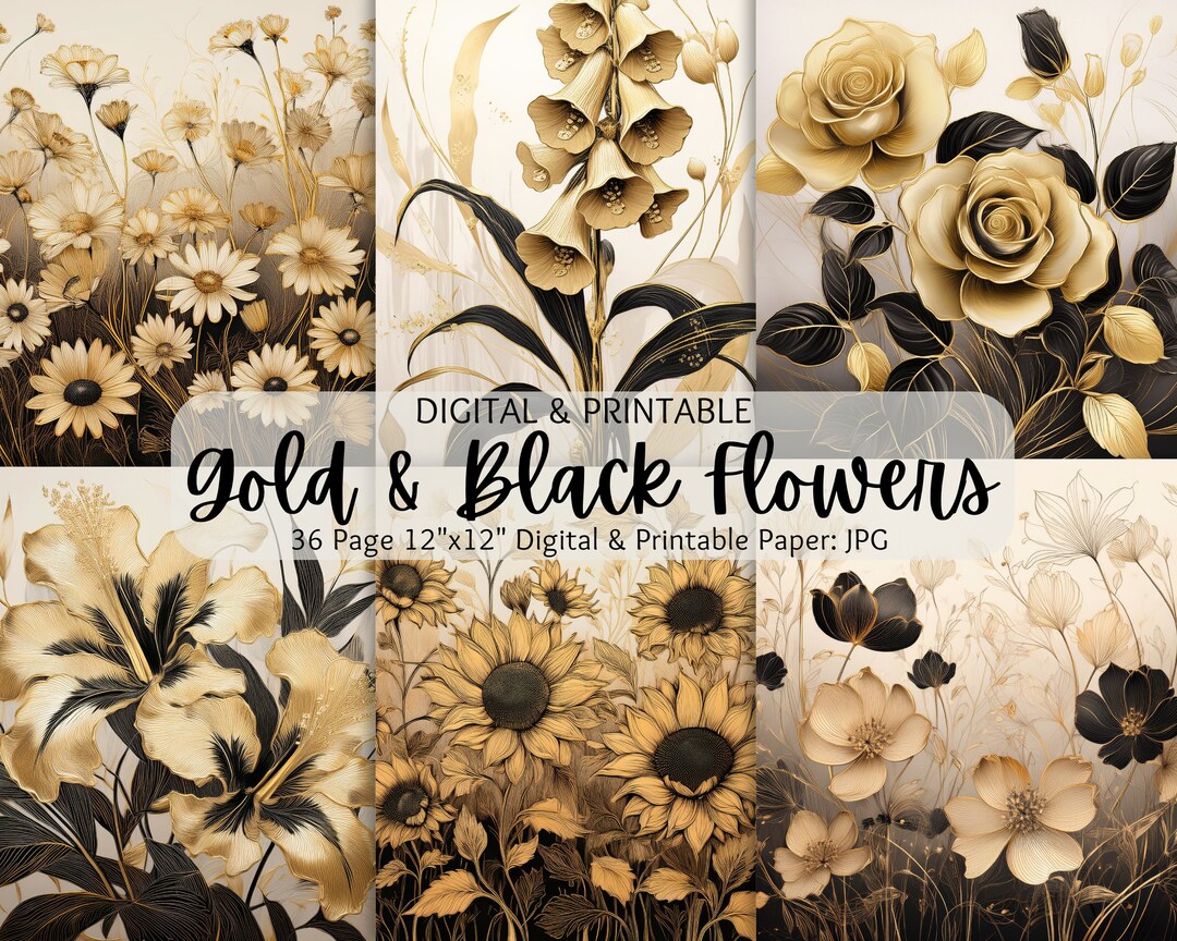 Gold, Ivory, & Black Watercolor Flowers Digital Paper Pack | Watercolor ...