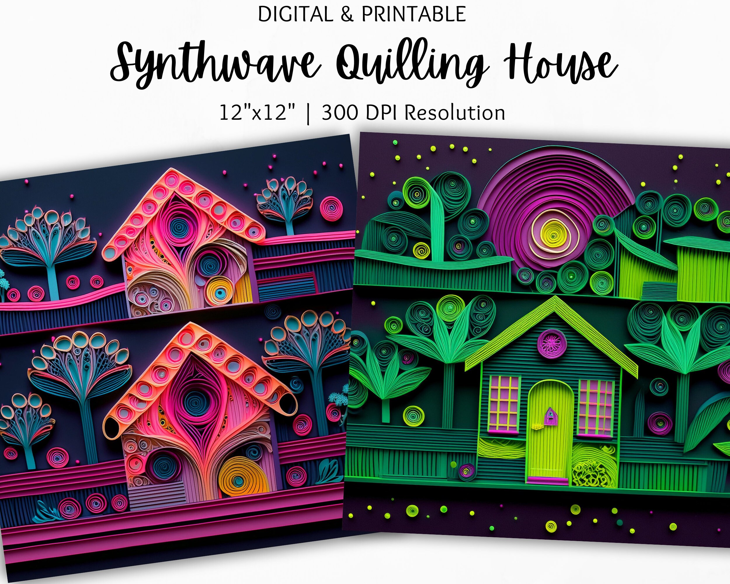 Synthwave Quilling Mid Century Houses Paper Art | Digital Downloads ...