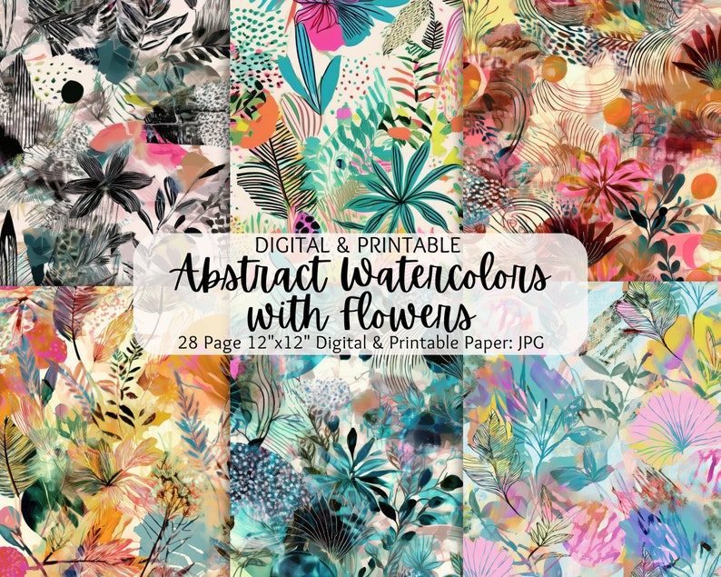 Abstract Watercolor Flowers Digital Paper Pack | Commercial Use ...