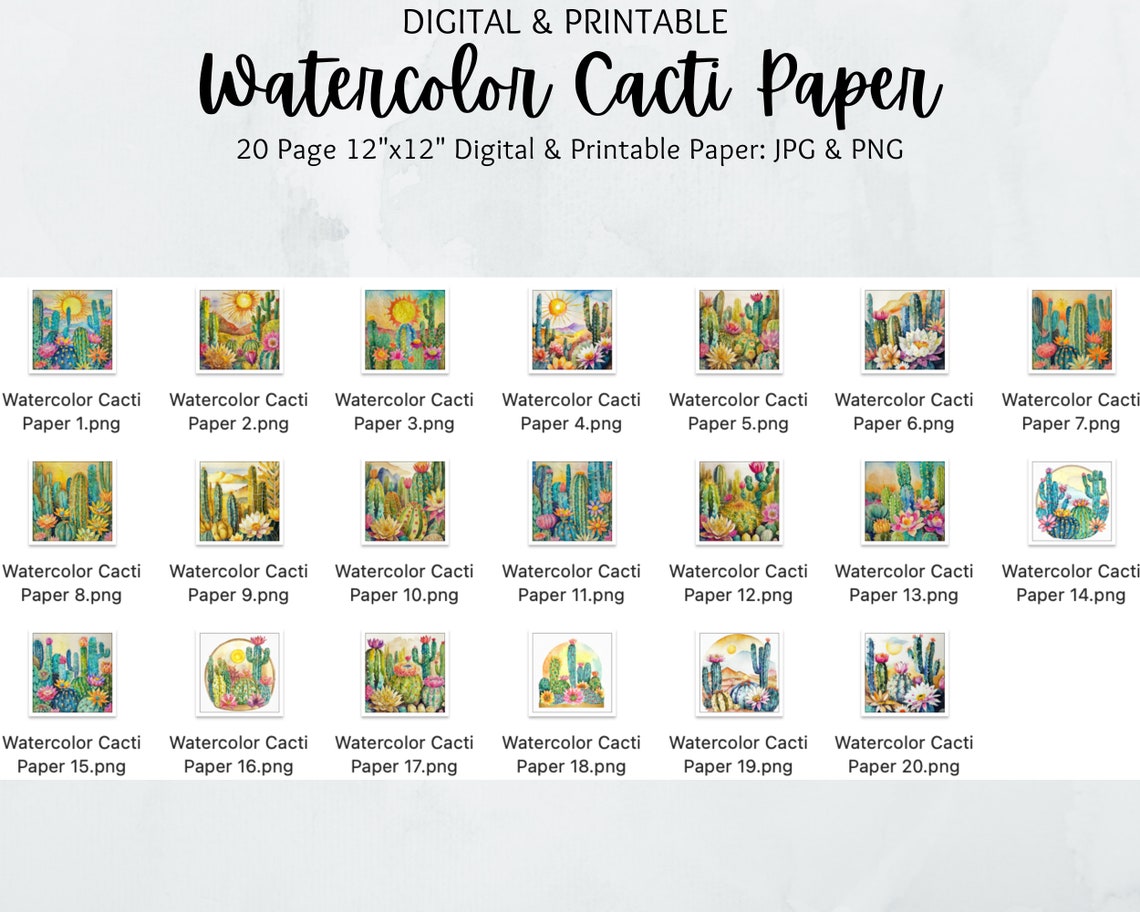 Watercolor Cacti Digital Paper Pack | Watercolor Cactus Backgrounds ...