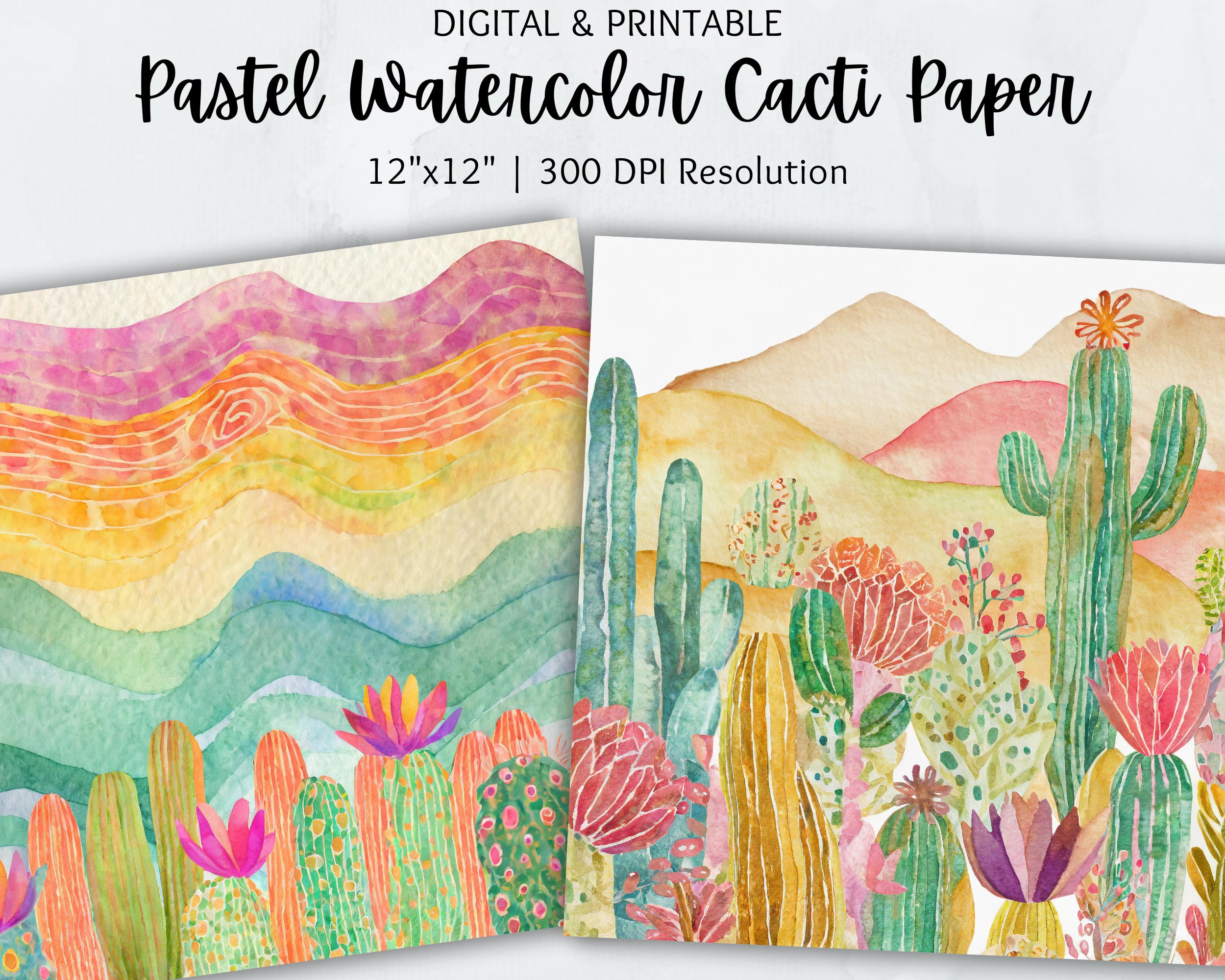 Pastel Watercolor Cacti Digital Paper Pack | Watercolor Cactus ...