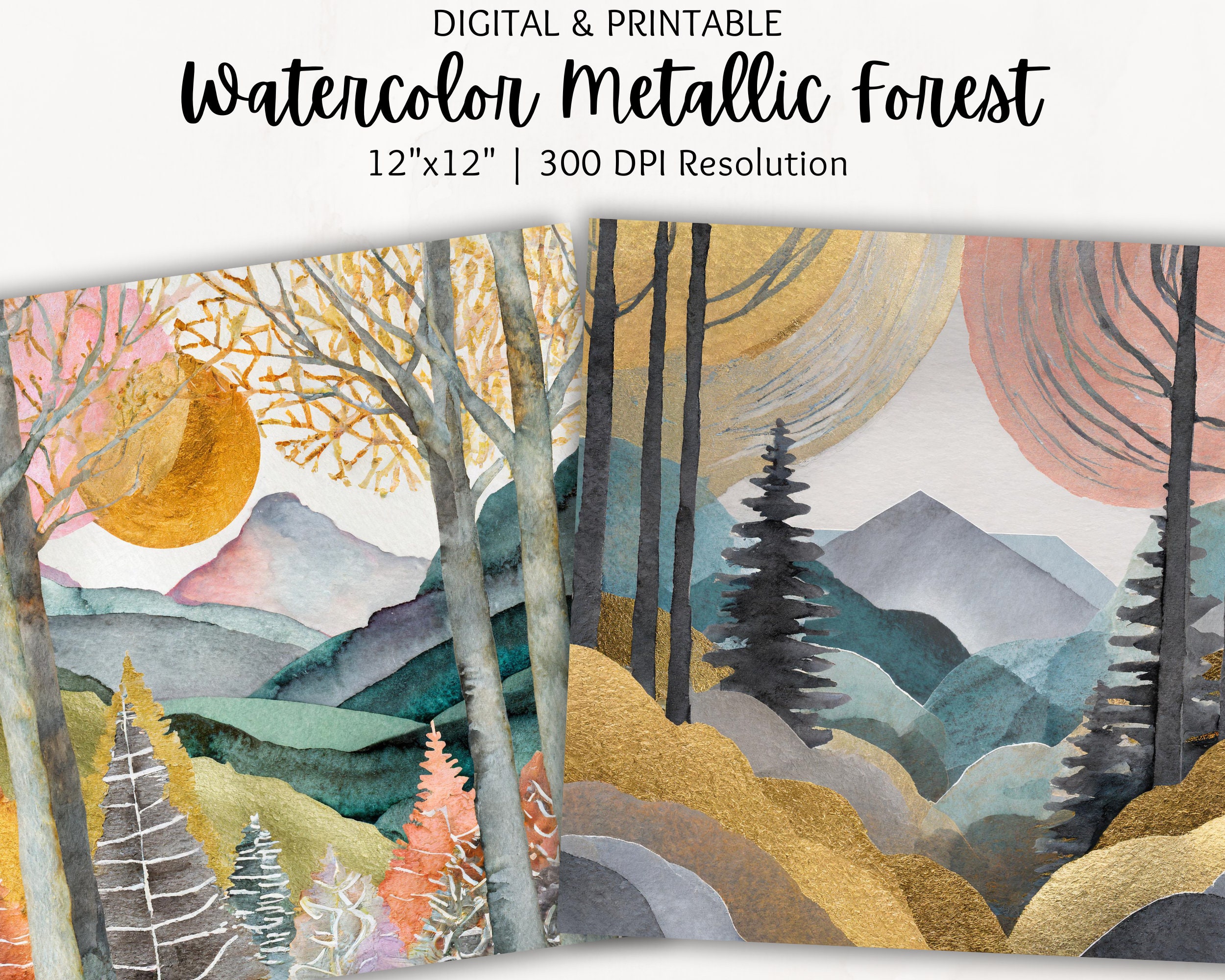 Watercolor Metallic Forest Trees Paper Art | Digital Downloads ...