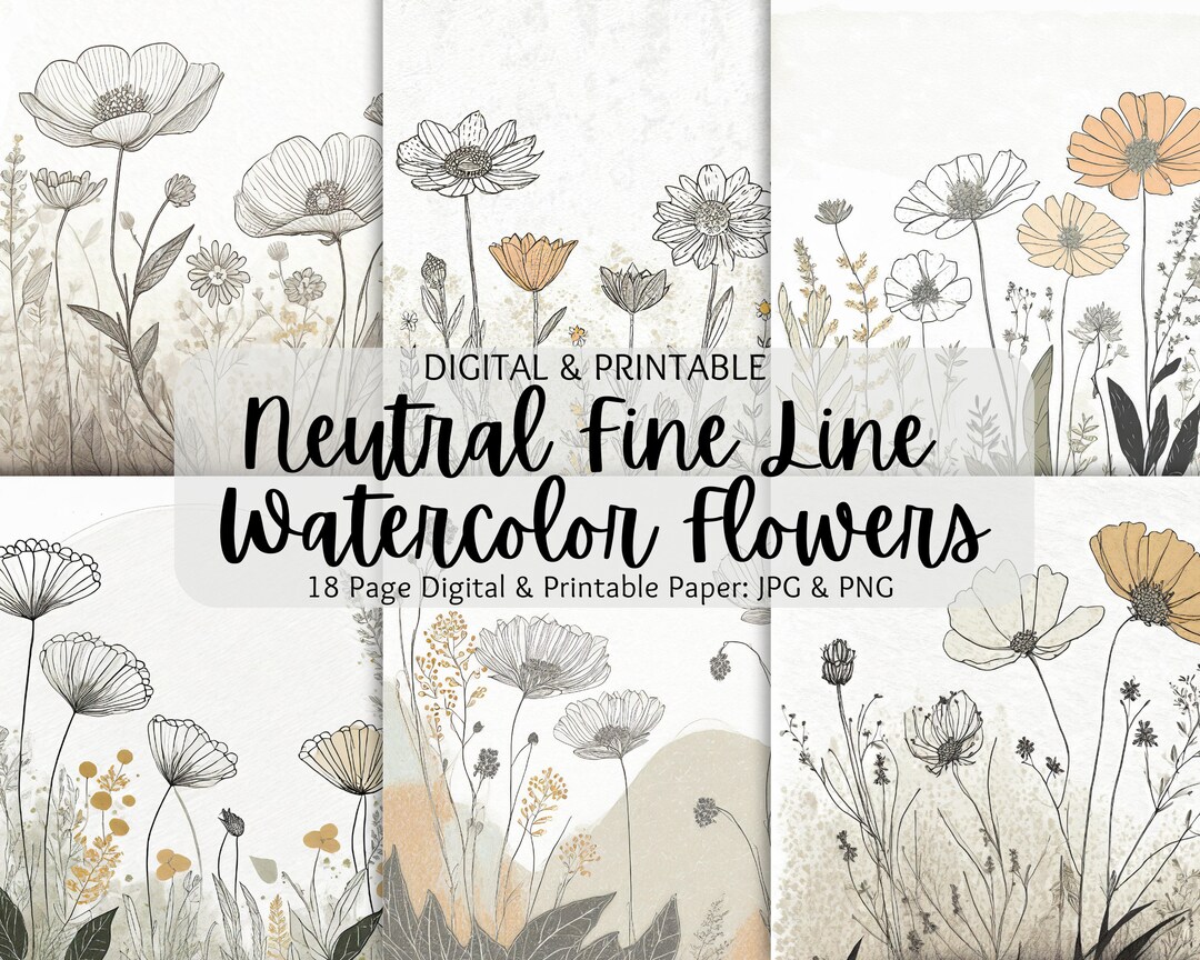 Neutral Fine Line Watercolor Flowers Digital Paper Pack | Commercial ...