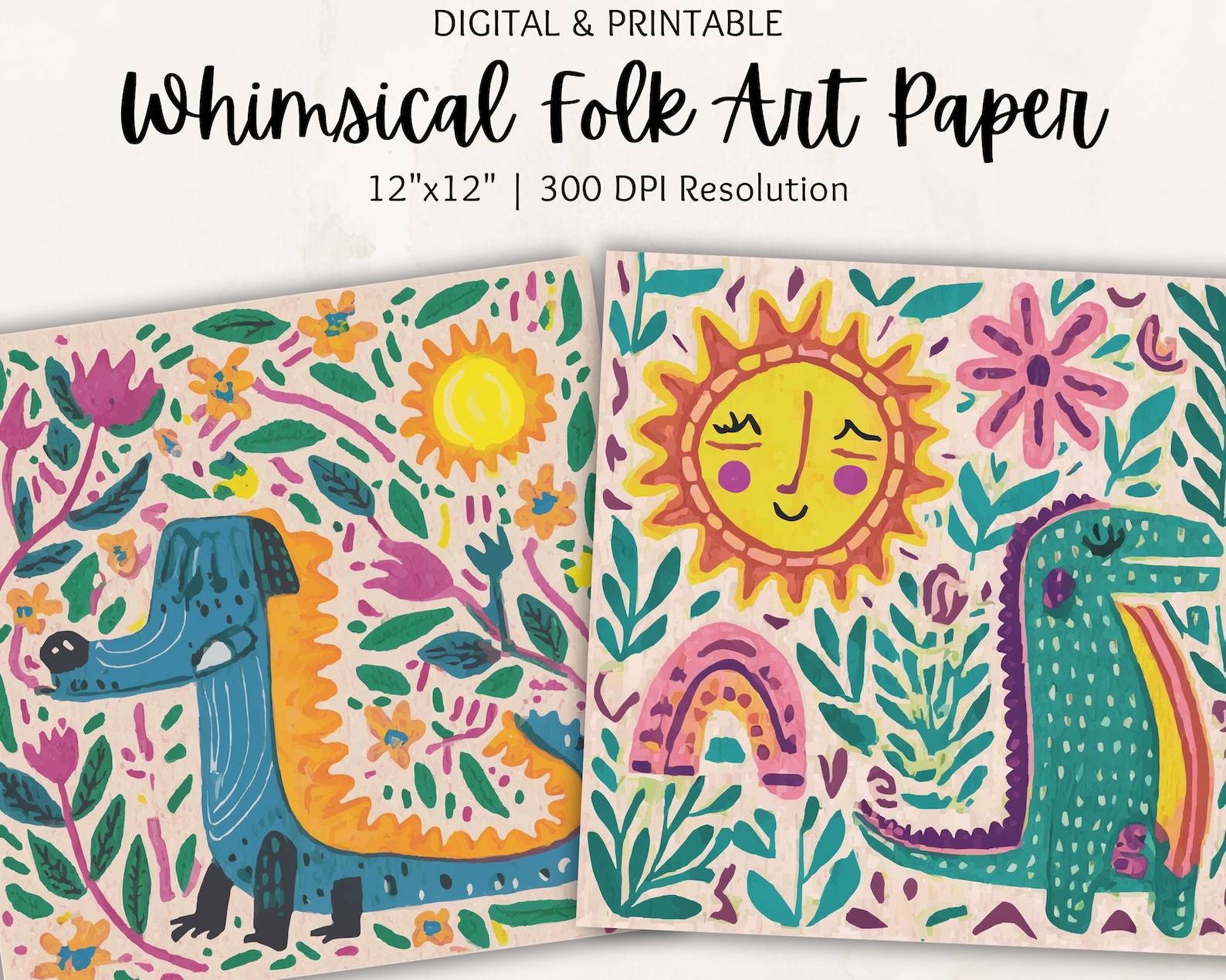 Whimsical Folk Art Paper Children's Folk Art Animal Folk Art Mexican ...