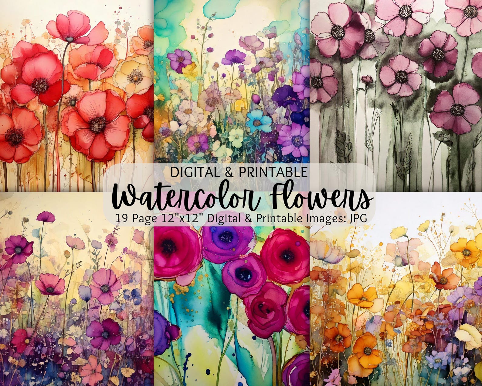 Watercolor Flowers | Colorful Flowers | Digital Paper Pack | Watercolor ...