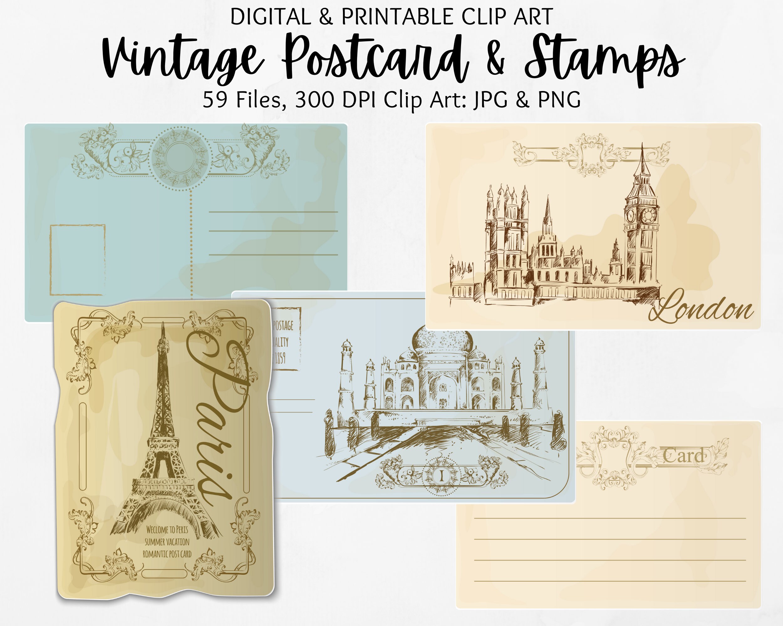 Vintage Digital Postcards & Stamps Ephemera Bundle | Printable Digital ...