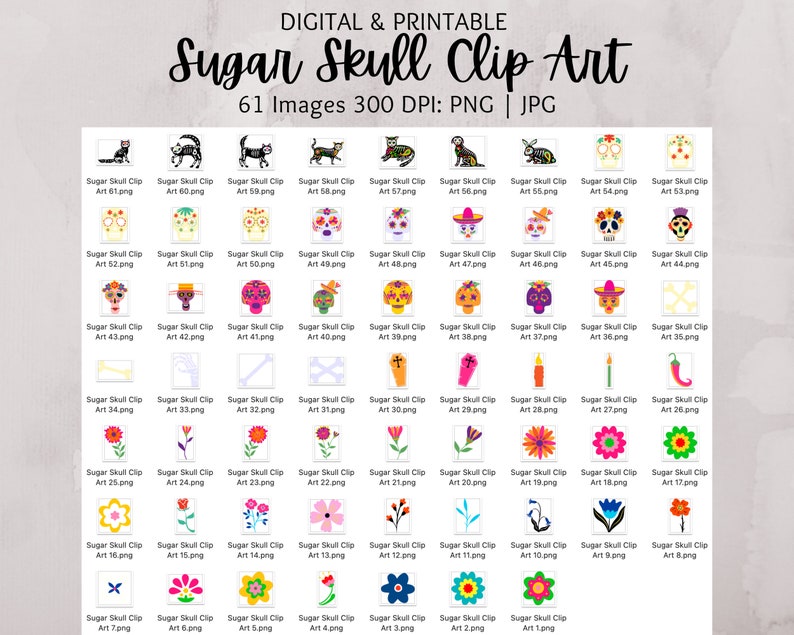 Floral Sugar Skull Clipart | Day of the Dead Clip Art | Dia De Los ...