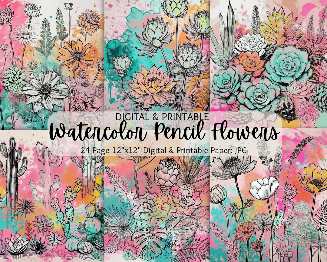 Pastel Watercolor Flowers and Cacti Digital Paper Pack | Watercolor ...