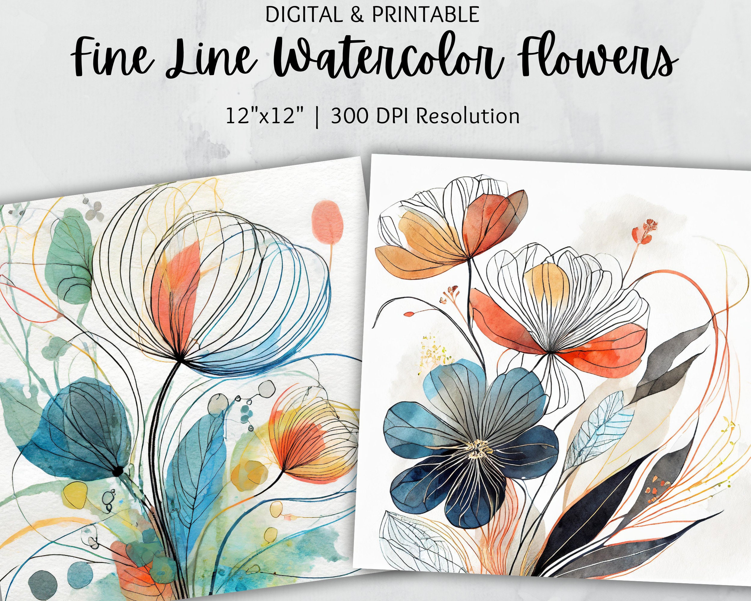 Fine Line Watercolor Flowers Digital Paper Pack | Commercial Use ...