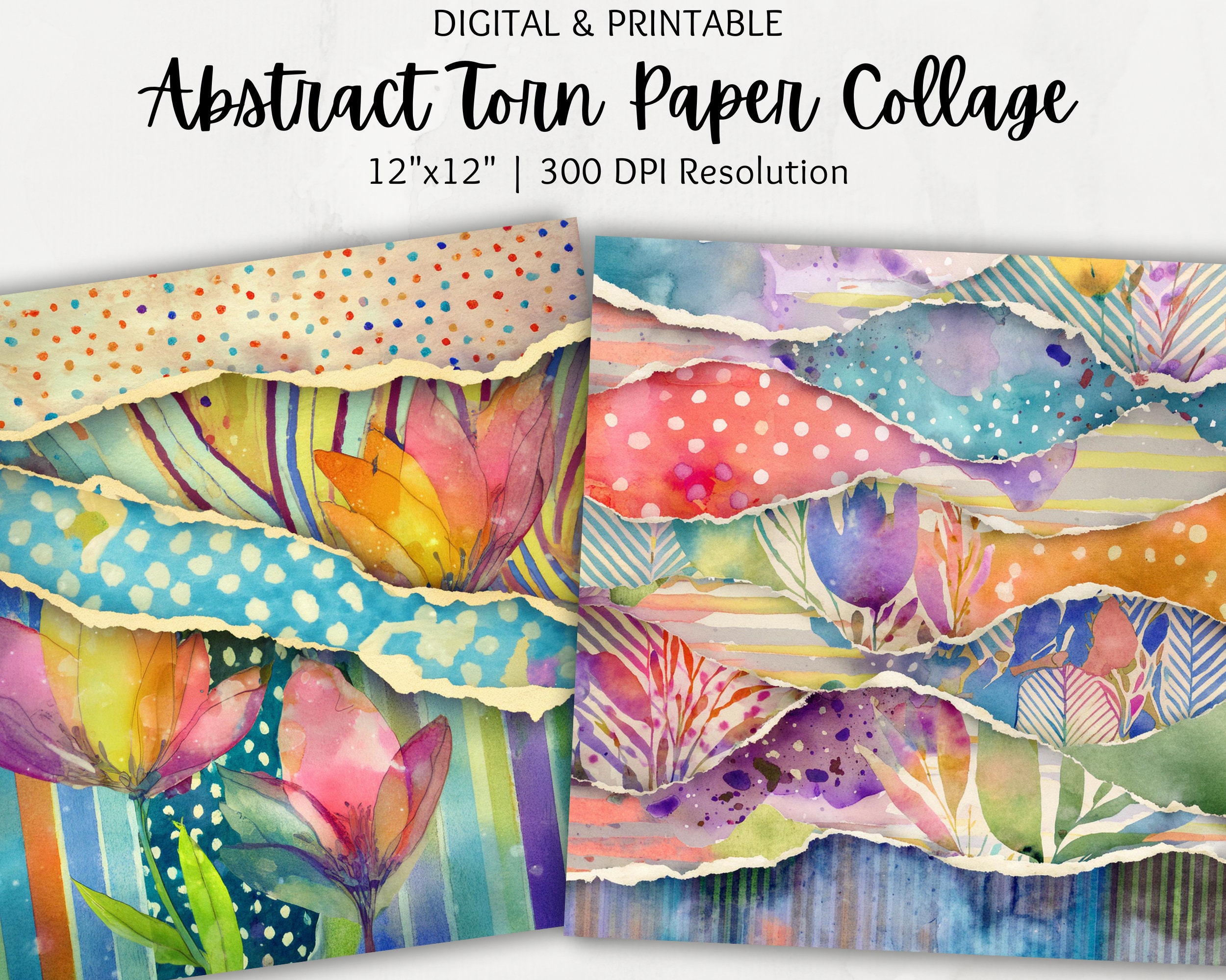 Watercolor Abstract Torn Paper Flower Collage | Digital Paper ...