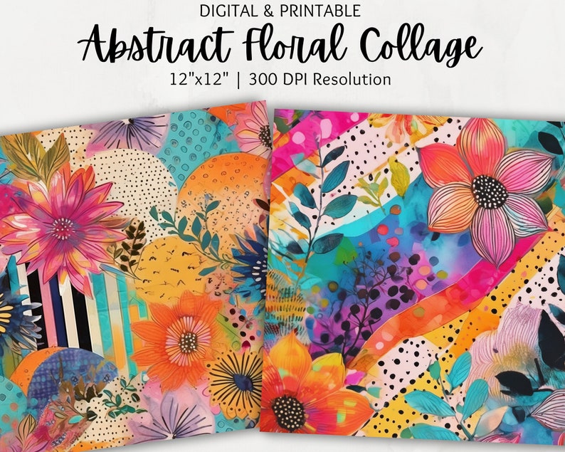 Abstract Mixed Media Vibrant Flower Collage | Digital Paper ...