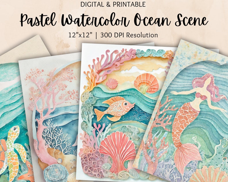 Pastel Watercolor Ocean Scene Paper | Ocean Digital Paper Pack ...