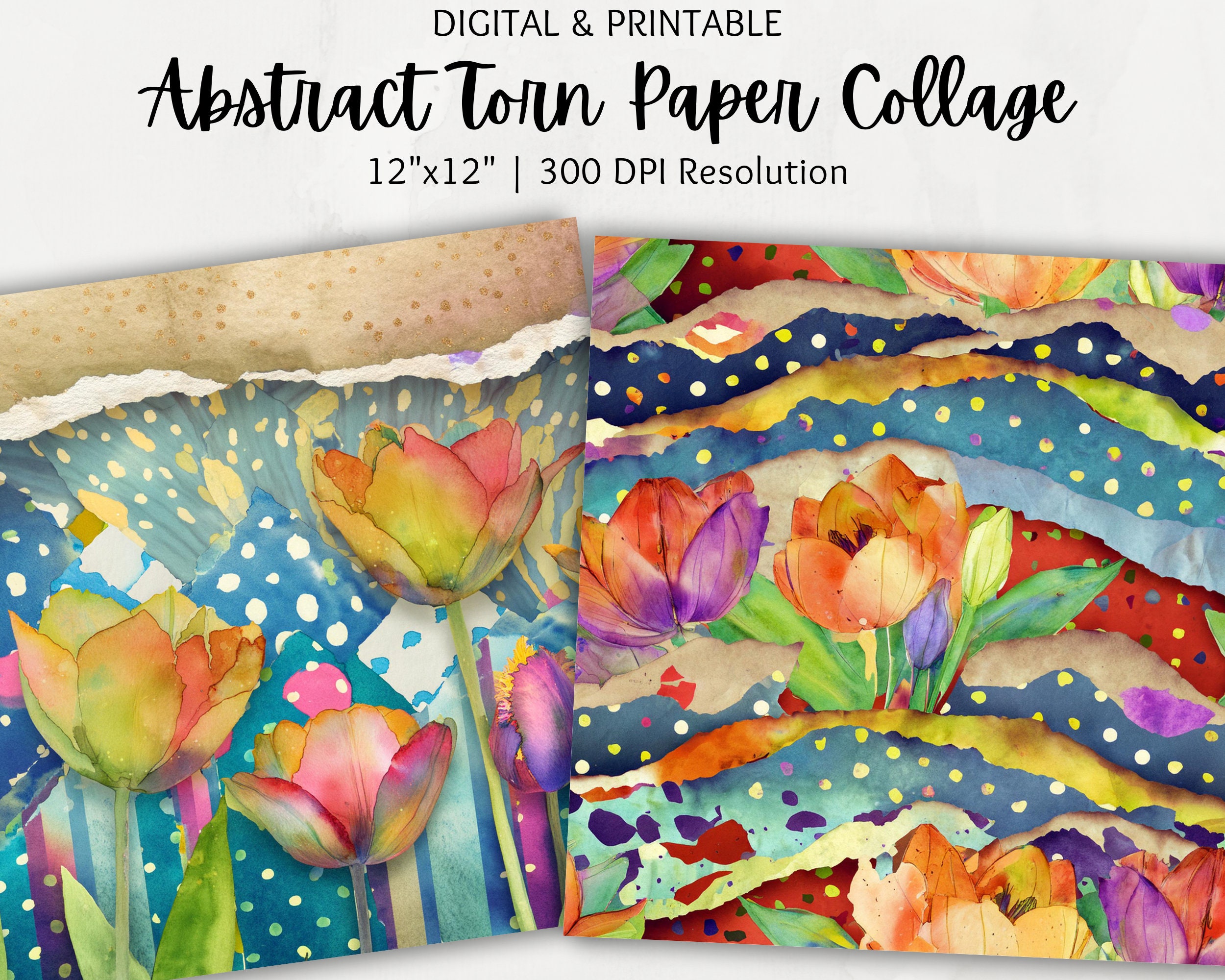 Watercolor Abstract Torn Paper Flower Collage | Digital Paper ...