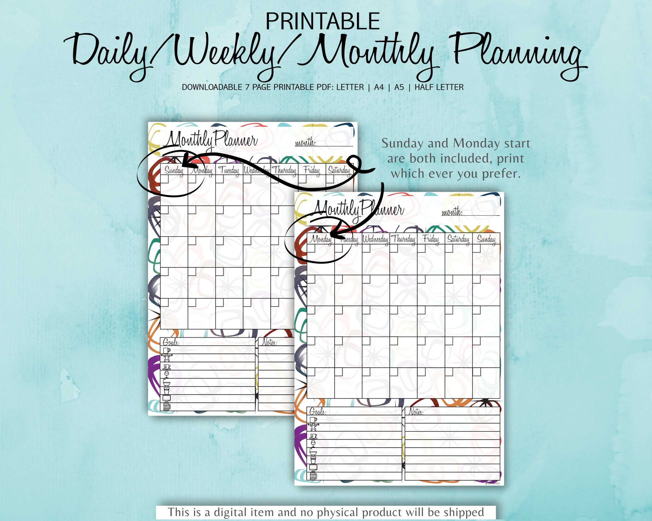 Daily, Weekly, Weekend, Monthly Planner Bundle Printable A4, A5, Letter ...