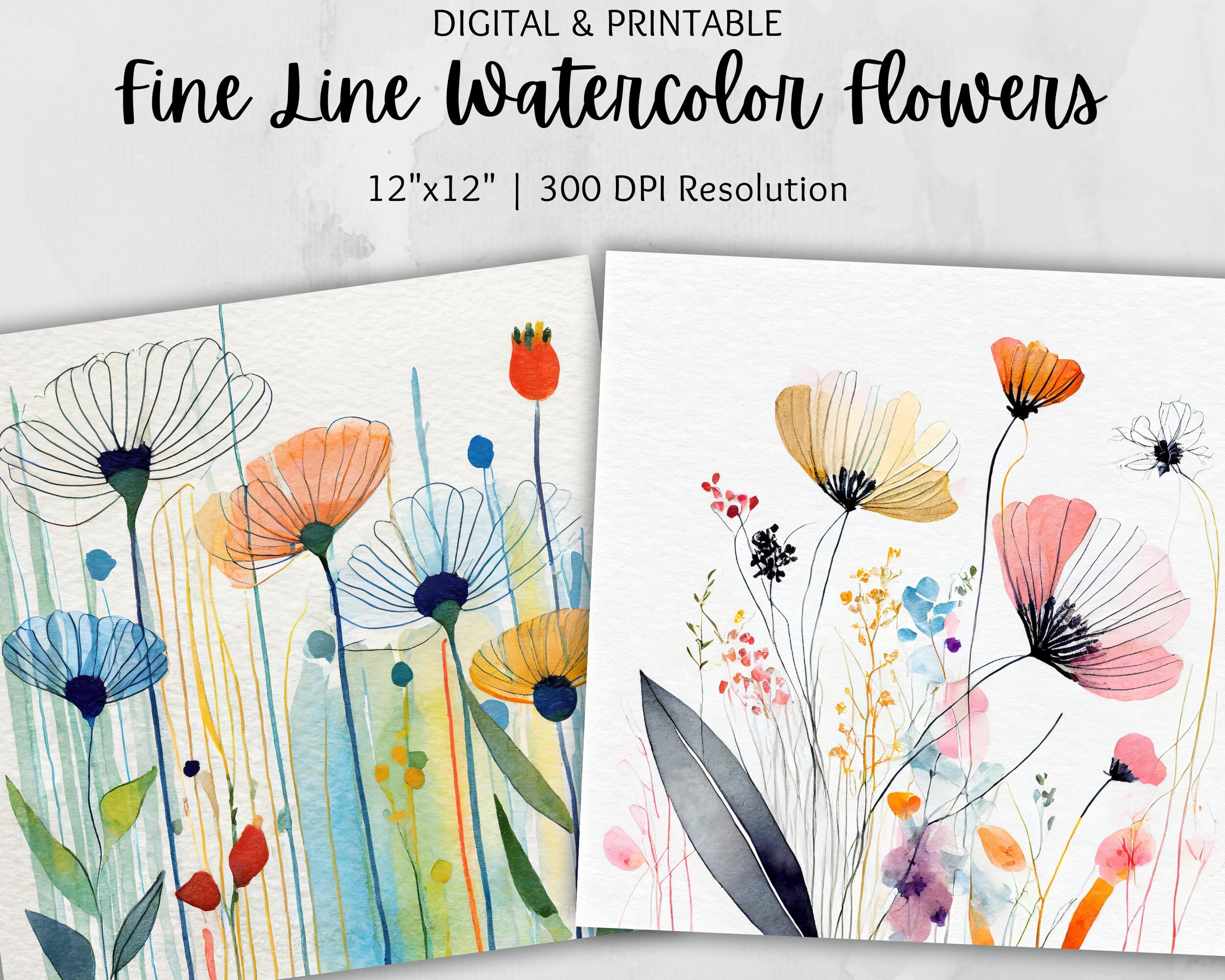 Fine Line Watercolor Flowers Digital Paper Pack | Commercial Use ...