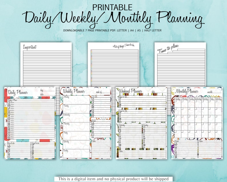 Daily, Weekly, Weekend, Monthly Planner Bundle Printable A4, A5, Letter ...