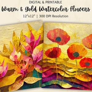 Warm & Gold Watercolor Flowers Digital Paper Pack | Watercolor Floral ...