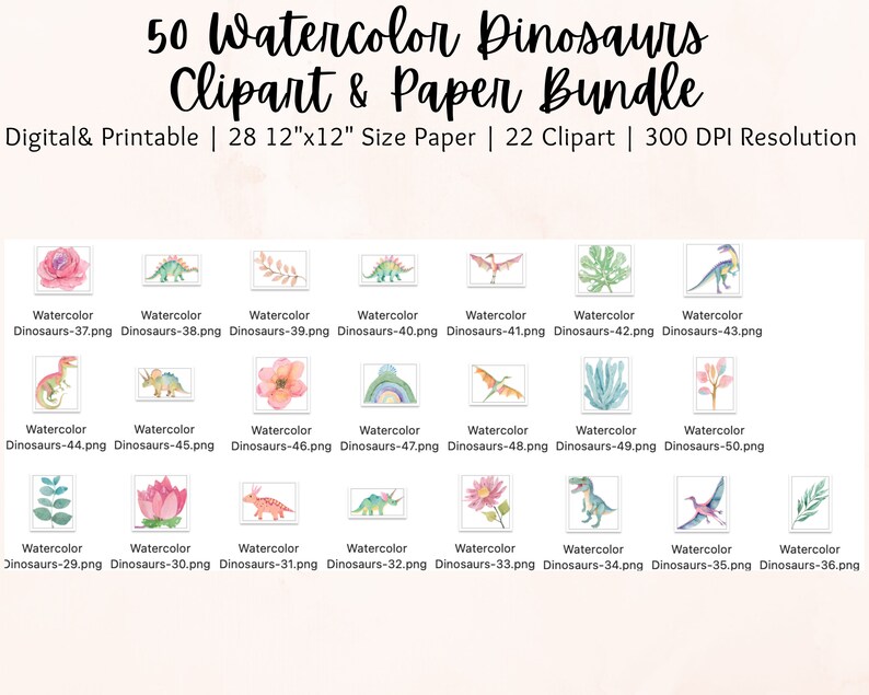 Watercolor Dinosaur Clipart Bundle | Watercolor Dinosaurs Digital Paper ...
