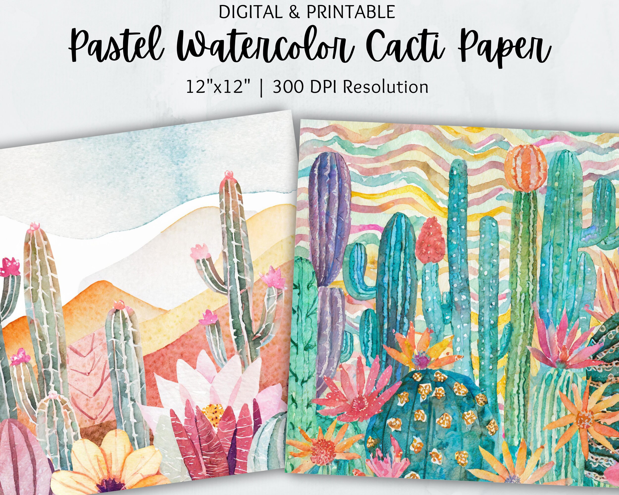 Pastel Watercolor Cacti Digital Paper Pack | Watercolor Cactus ...