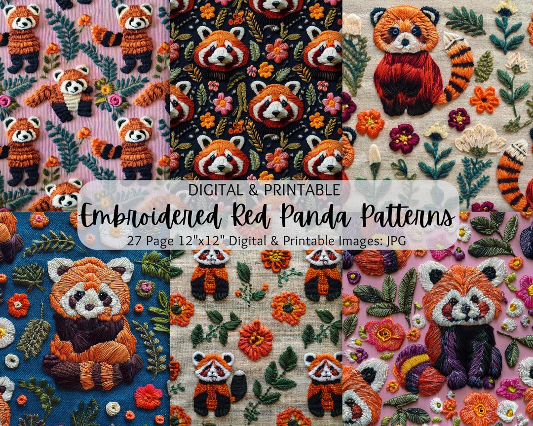 Red Pandas Embroidery Images | Embroidery Red Pandas | Embroidered Red ...