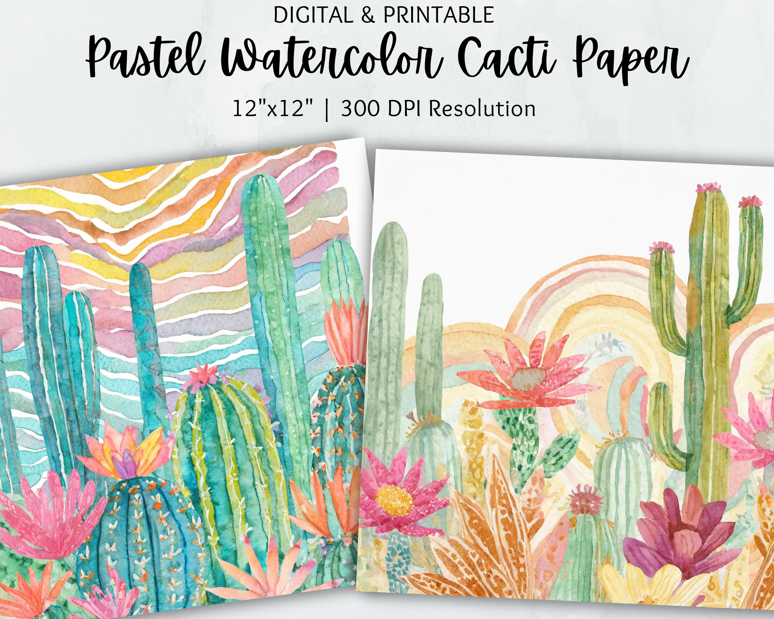 Pastel Watercolor Cacti Digital Paper Pack | Watercolor Cactus ...
