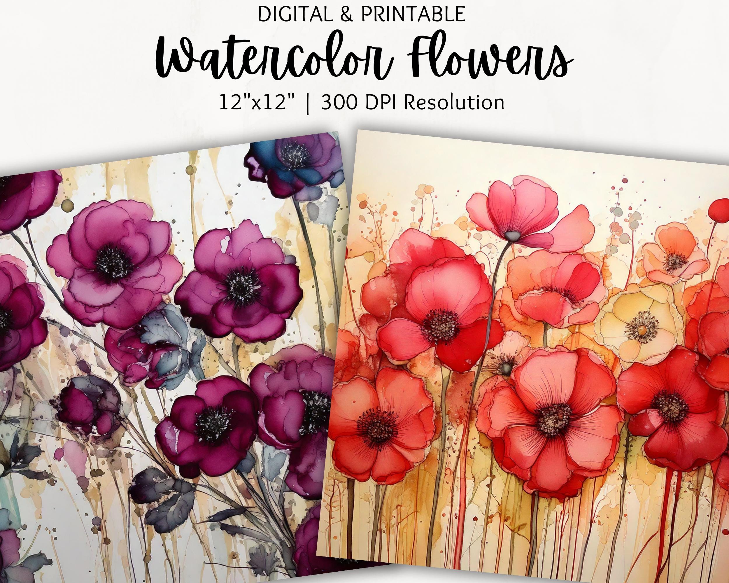 Watercolor Flowers | Colorful Flowers | Digital Paper Pack | Watercolor ...