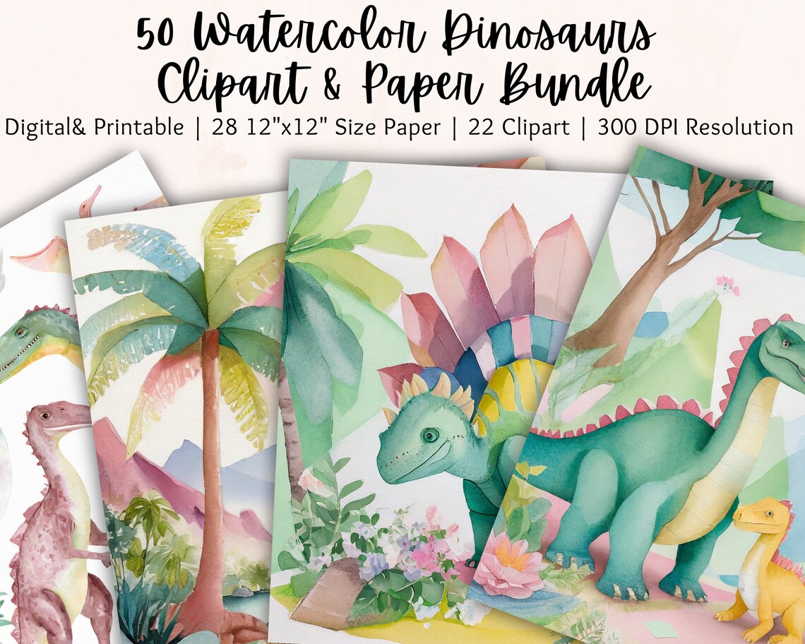 Watercolor Dinosaur Clipart Bundle Watercolor Dinosaurs Digital Paper ...