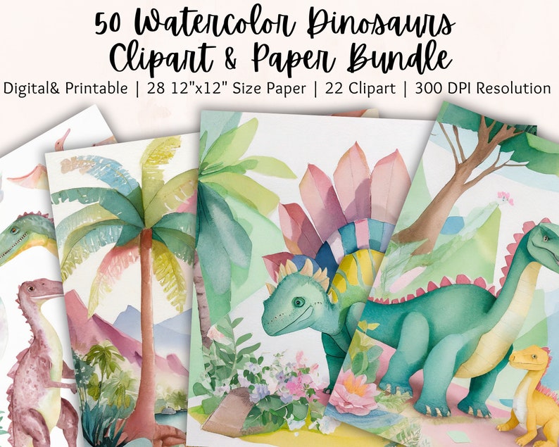 Watercolor Dinosaur Clipart Bundle | Watercolor Dinosaurs Digital Paper ...