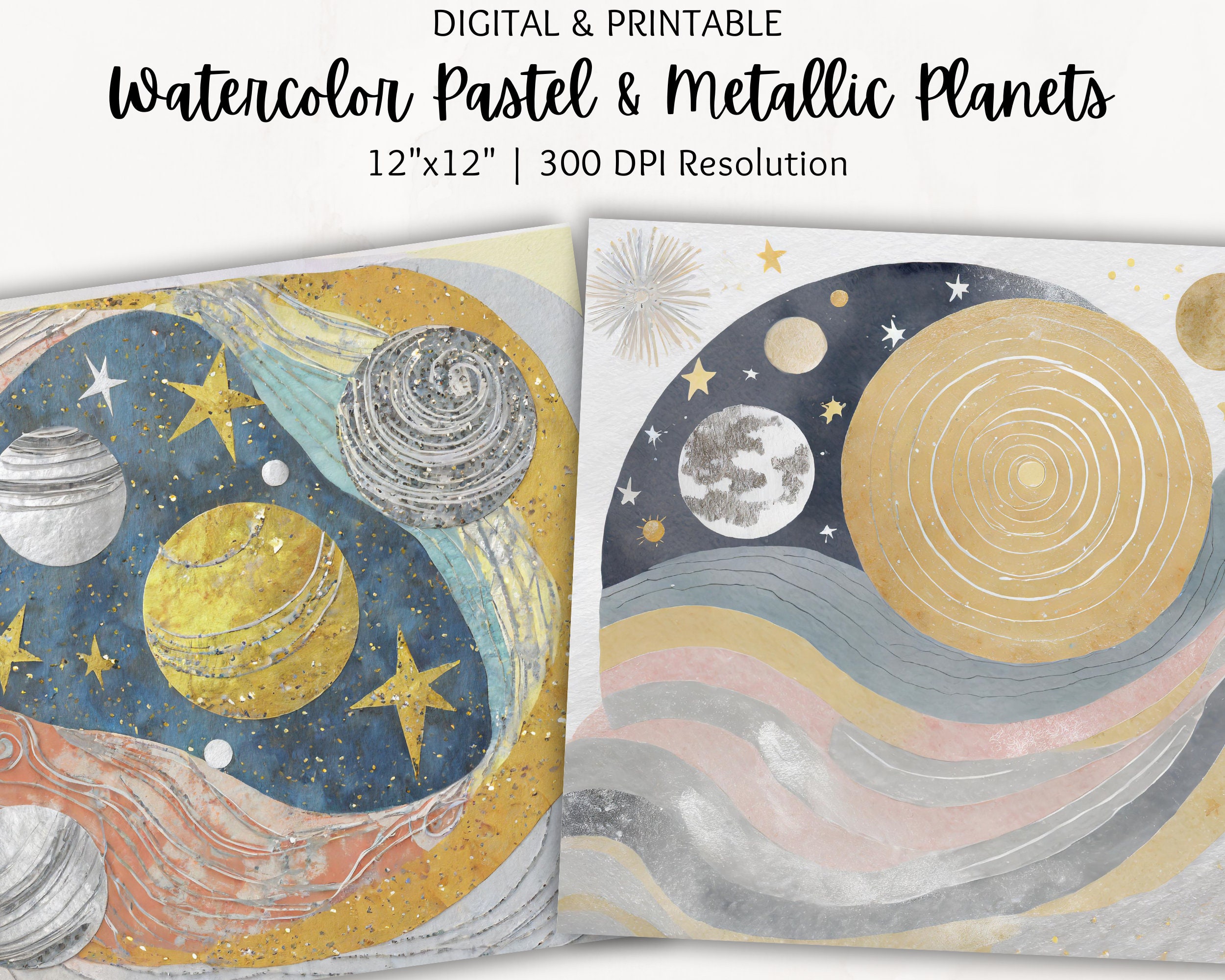 Watercolor Pastel & Metallic Planets Paper Art | Digital Downloads ...