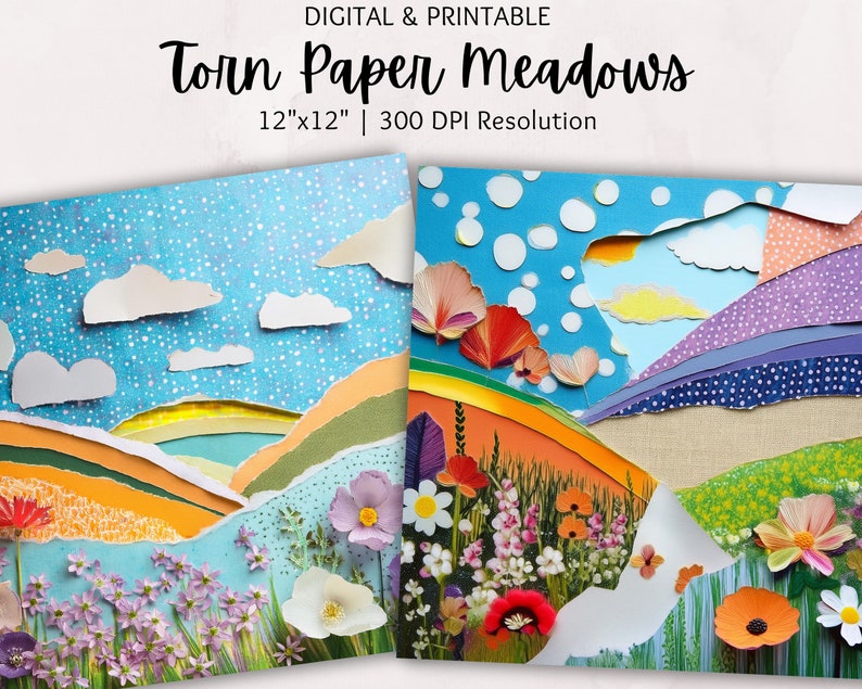 Torn Paper Flower Meadows | Deckle Paper Flower | Floral Background ...