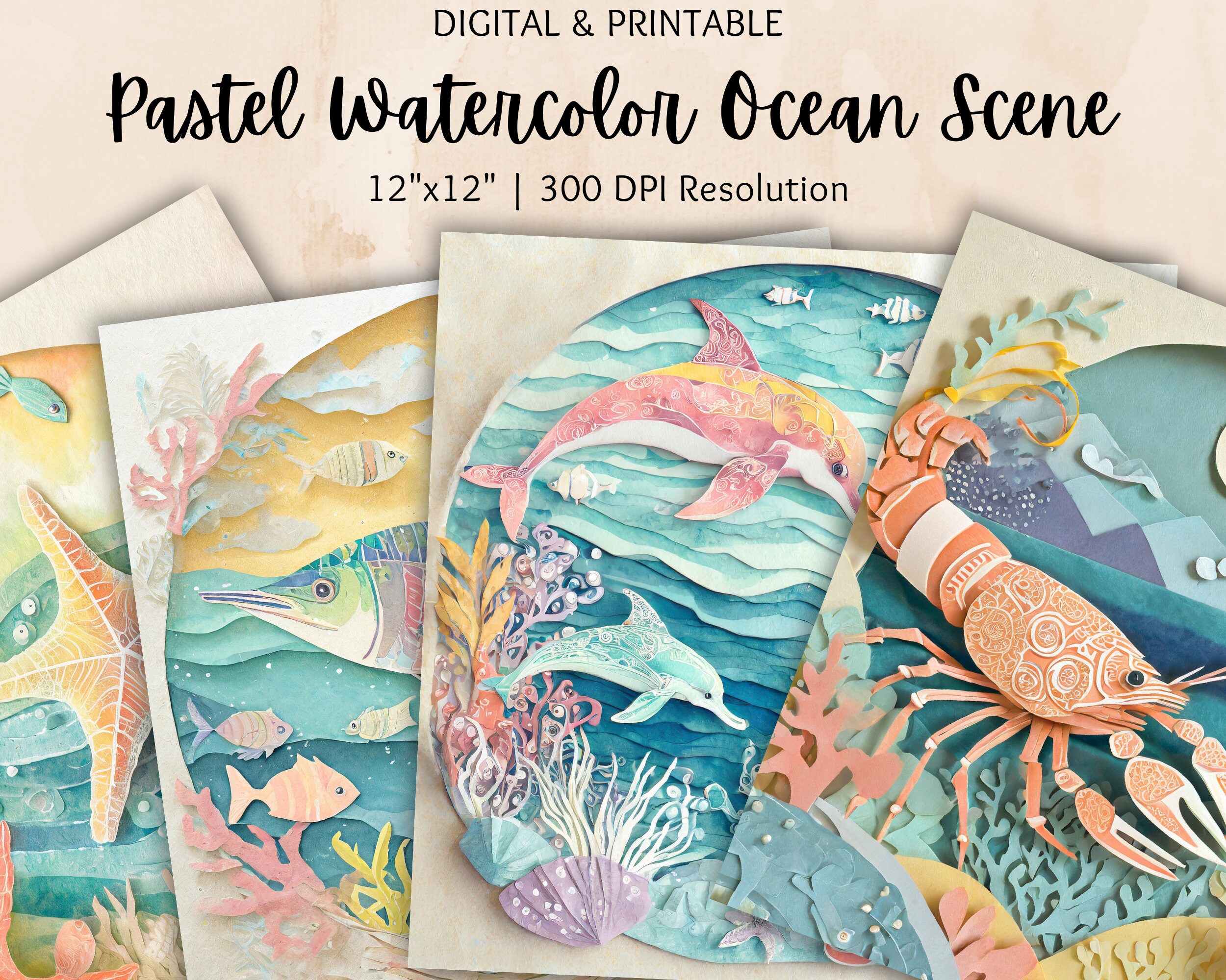 Pastel Watercolor Ocean Scene Paper Ocean Digital Paper Pack Commercial ...