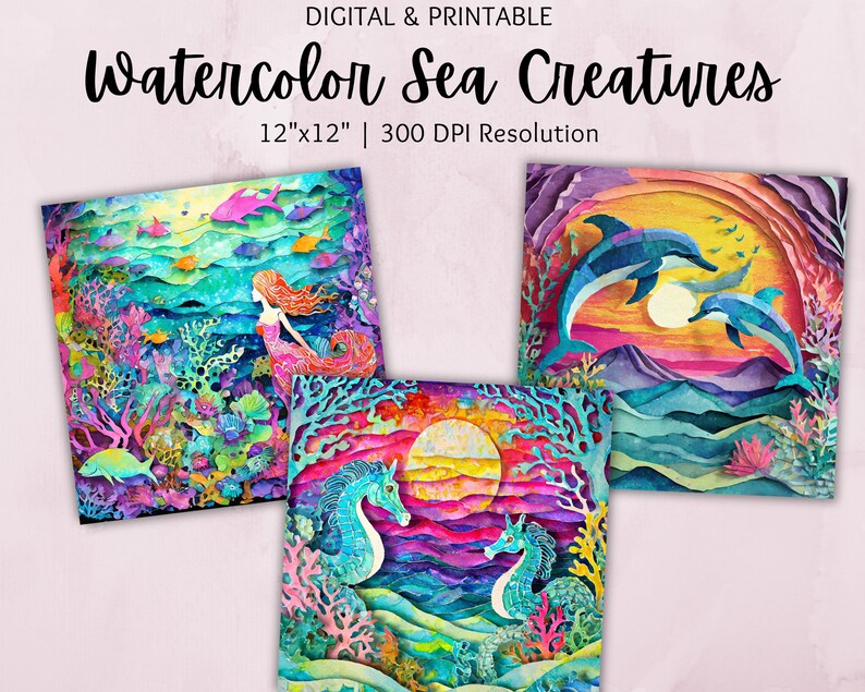 Watercolor Sea Creatures Paper | Ocean Digital Paper Pack | Commercial ...