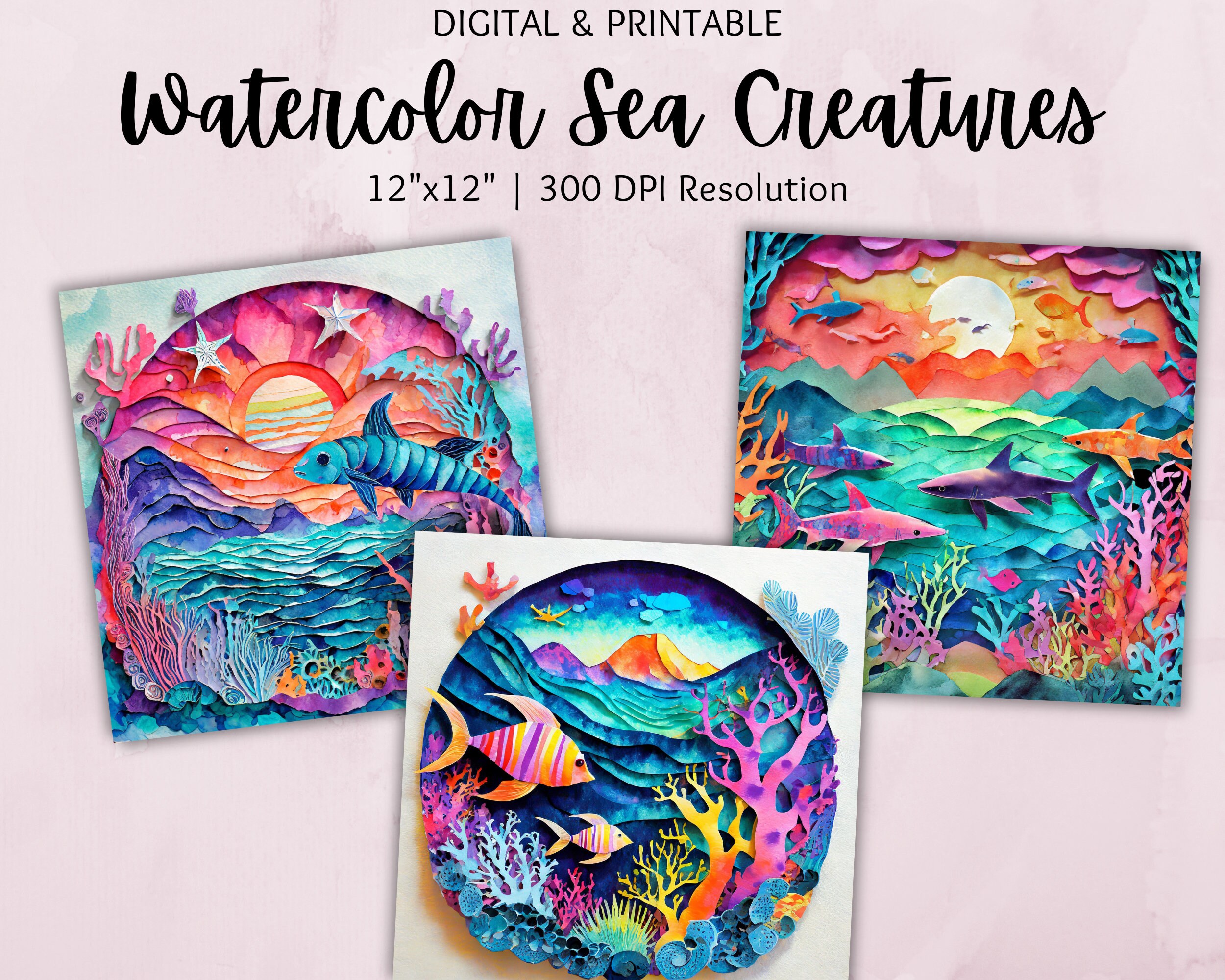 Watercolor Sea Creatures Paper | Ocean Digital Paper Pack | Commercial ...