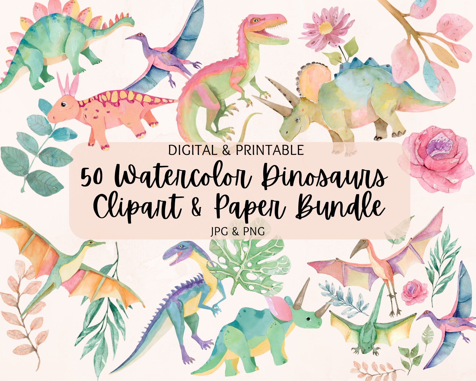 Watercolor Dinosaur Clipart Bundle | Watercolor Dinosaurs Digital Paper ...