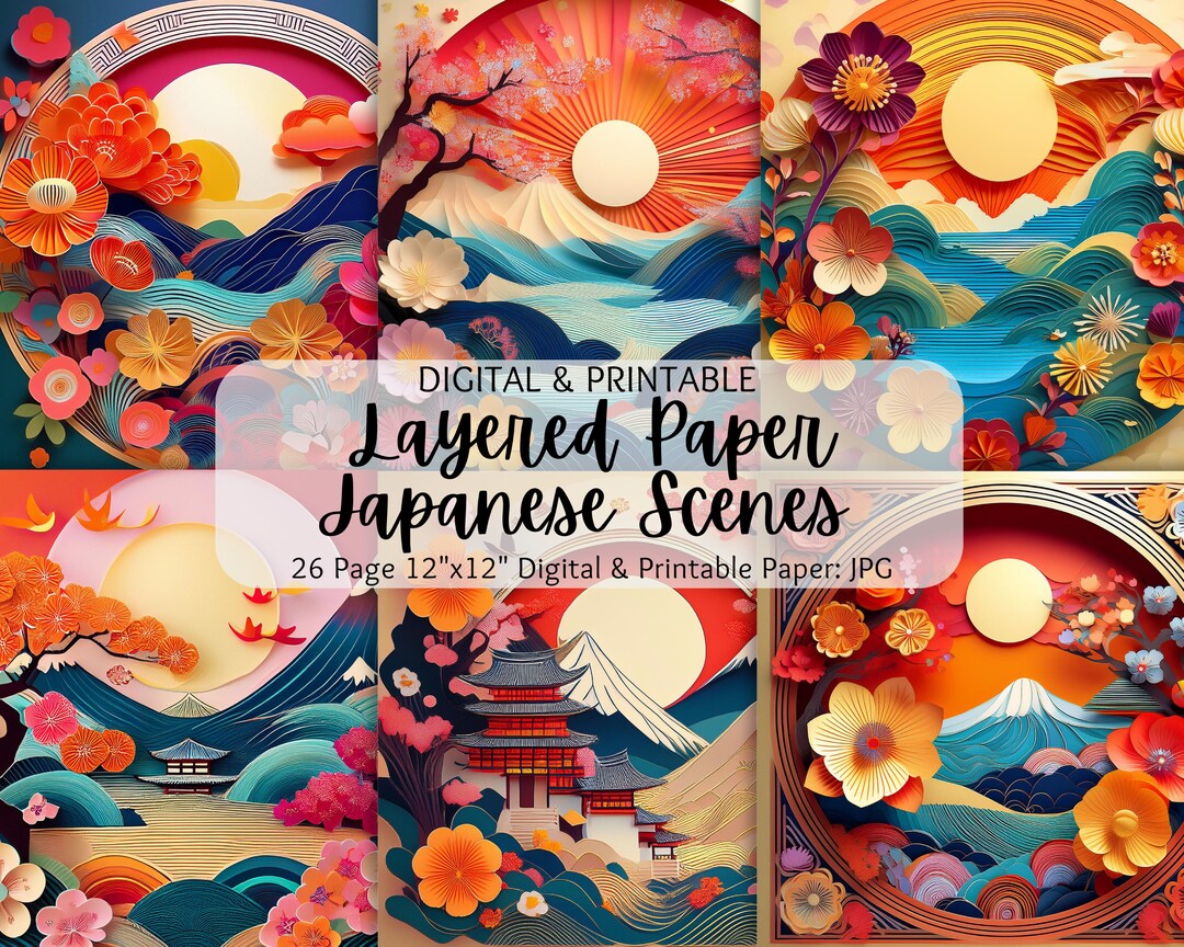 Layered Paper Japanese Scene | Digital Paper | Digital Backgrounds ...