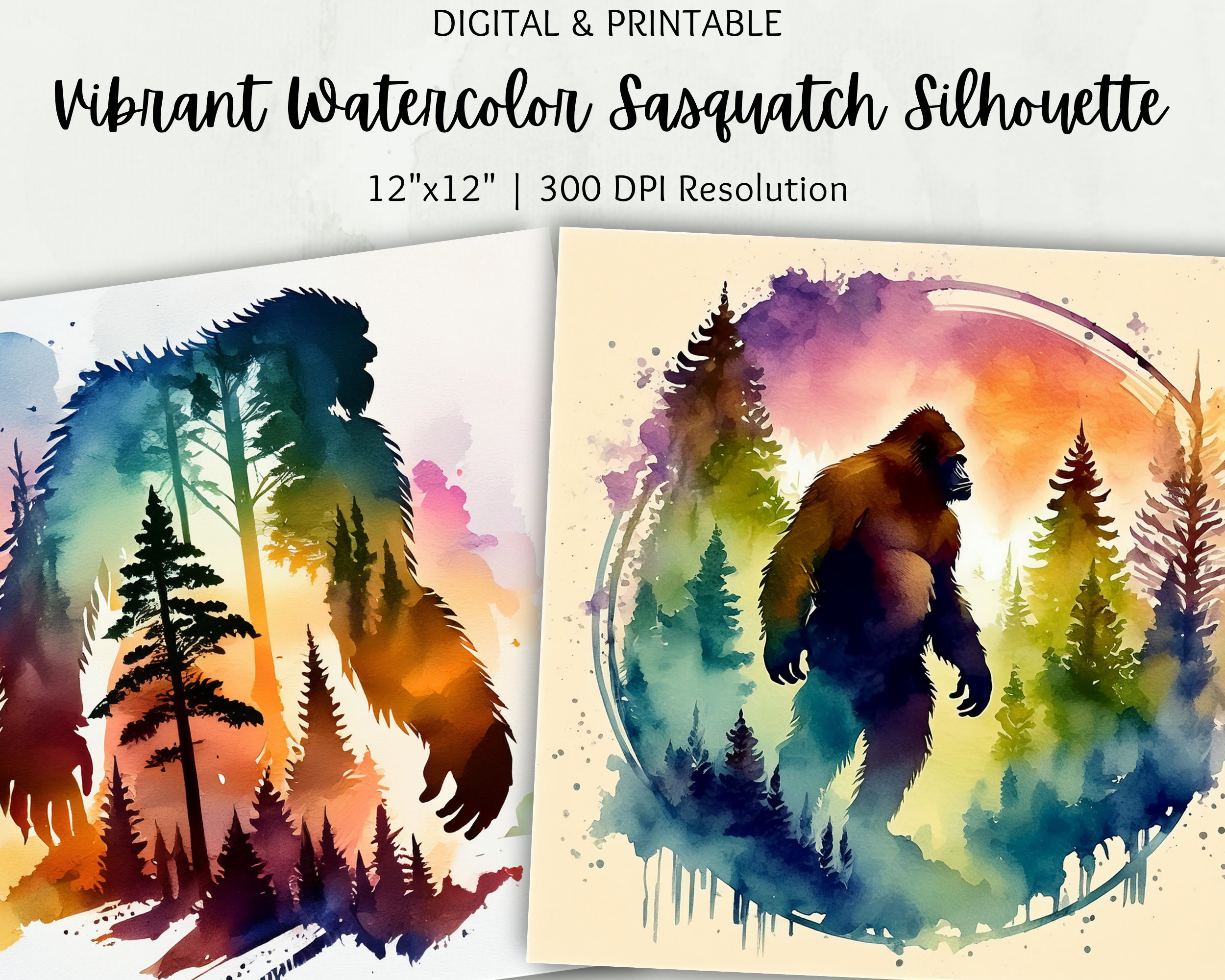 Vibrant Watercolor Sasquatch Printable Art | Bigfoot, Sasquatch, Yeti ...