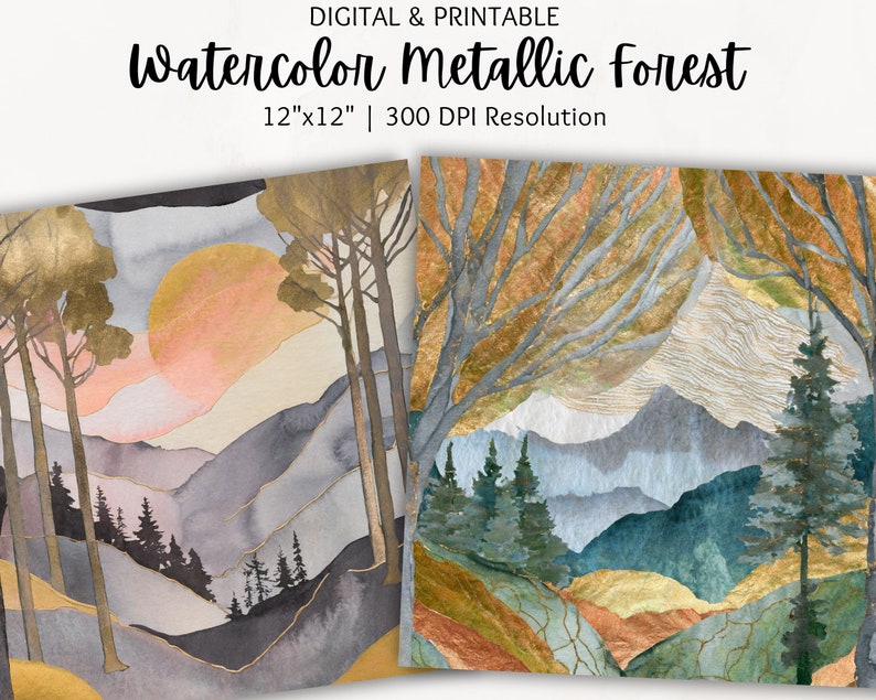 Watercolor Metallic Forest Trees Paper Art | Digital Downloads ...